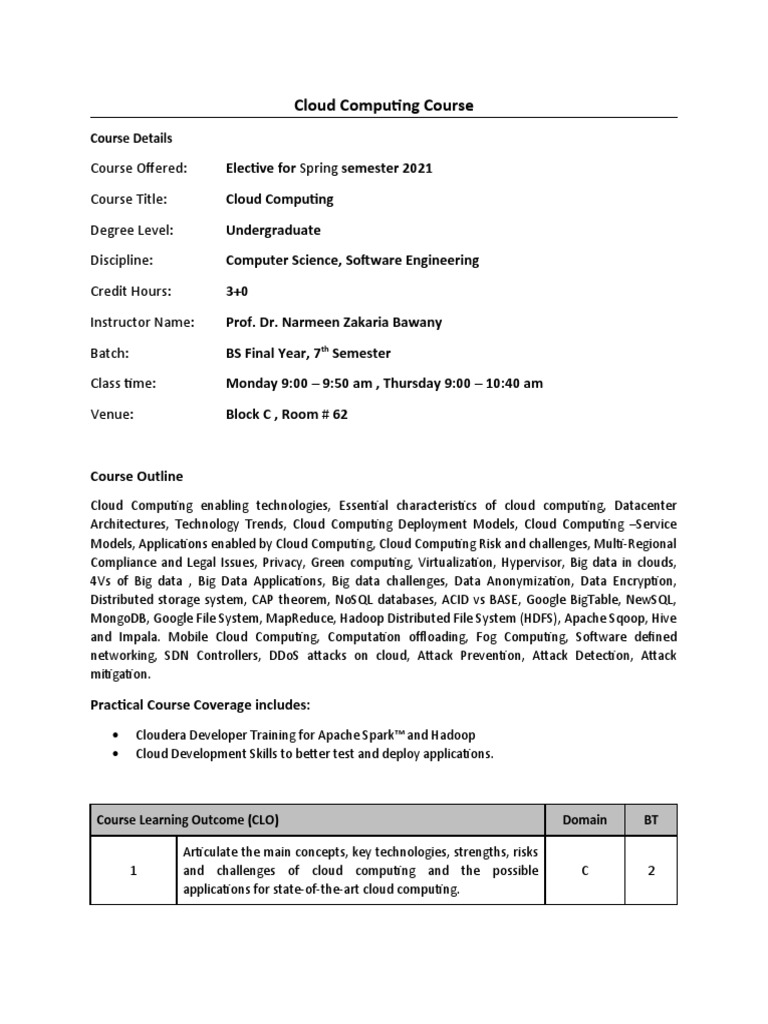 Cloud Computing Course Outline | PDF | Apache Hadoop | Cloud Computing