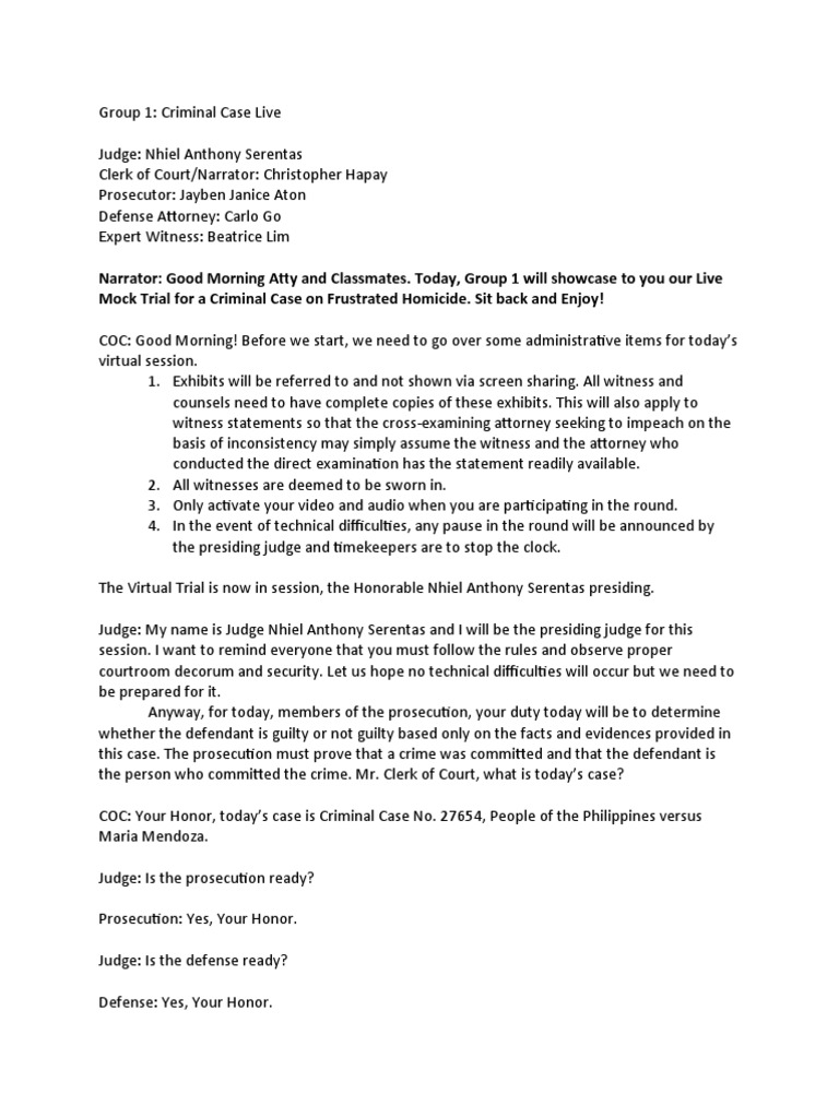 Group 1 Criminal Case Live Script 1 | PDF | Witness | Prosecutor