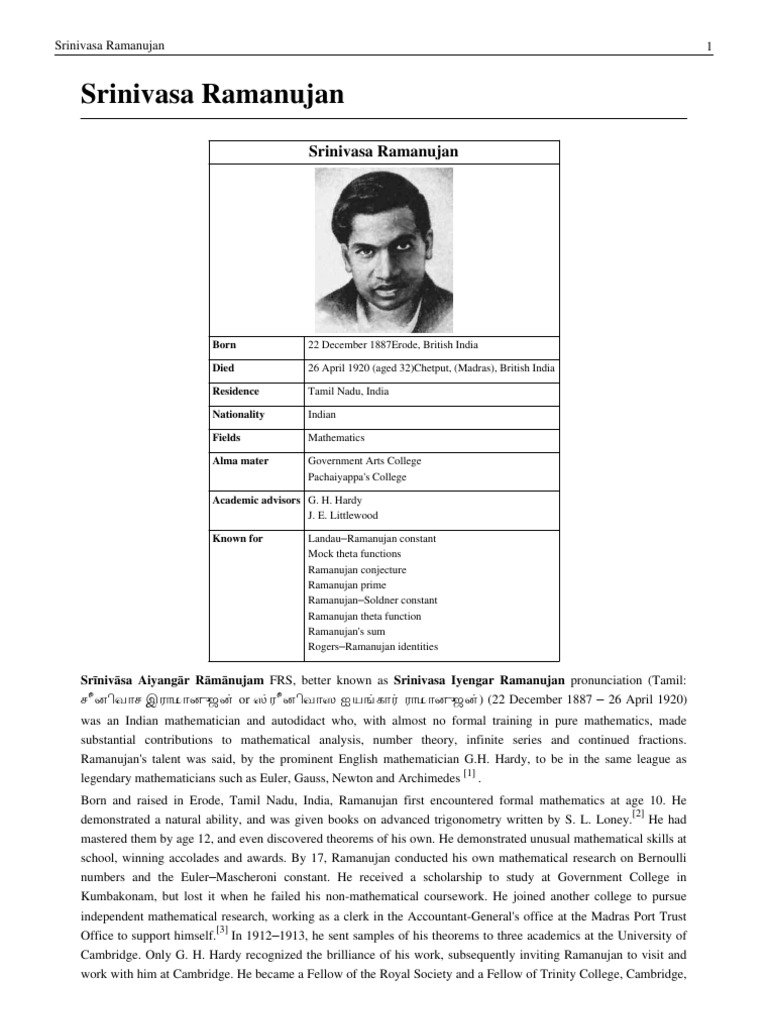 Srinivasa Ramanujan | PDF | Teaching Mathematics | Science