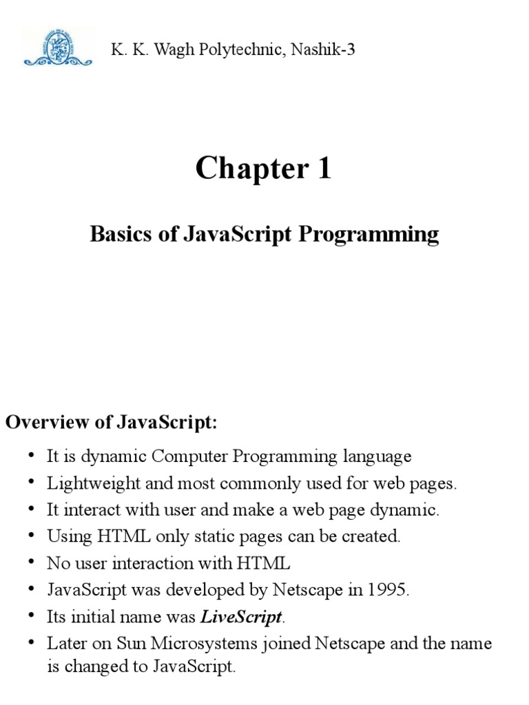 Basics Of Javascript Programming K K Wagh Polytechnic Nashik 3 Pdf Java Script Control