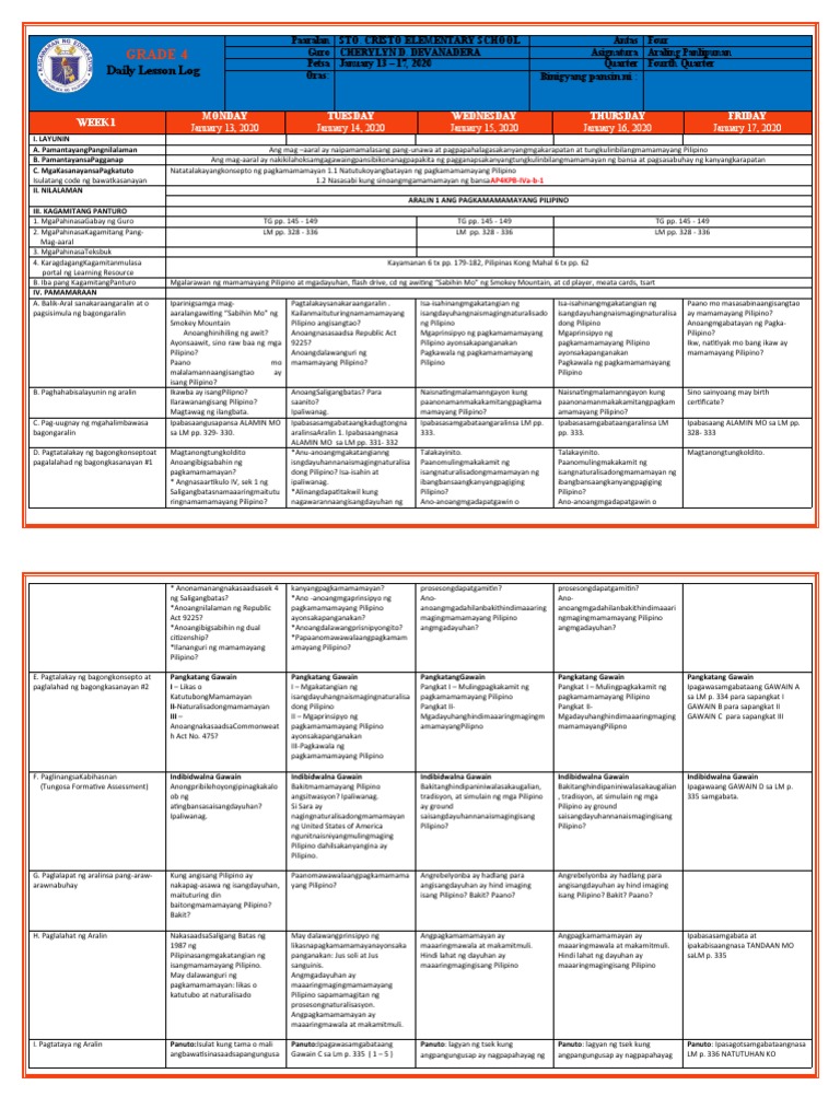 Grade 4 DLL Quarter 4 Week 1 CHE | PDF