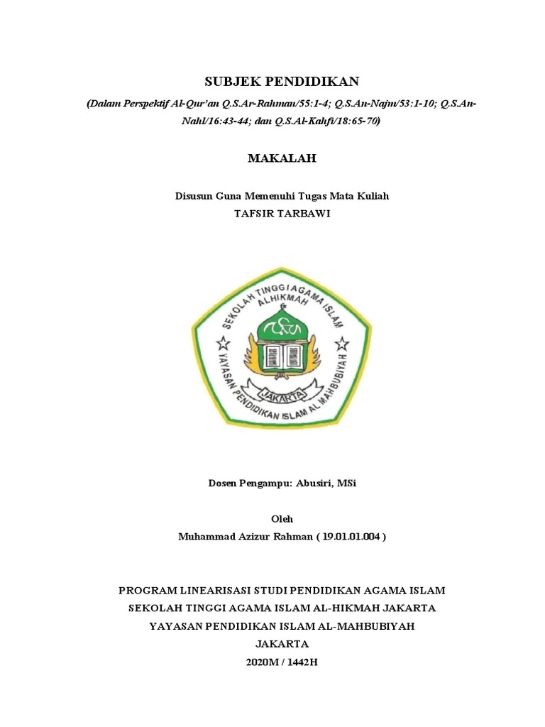 Rahman - MKL - Tafsir Tarbawi 4 - Subjek Pendidikan | PDF