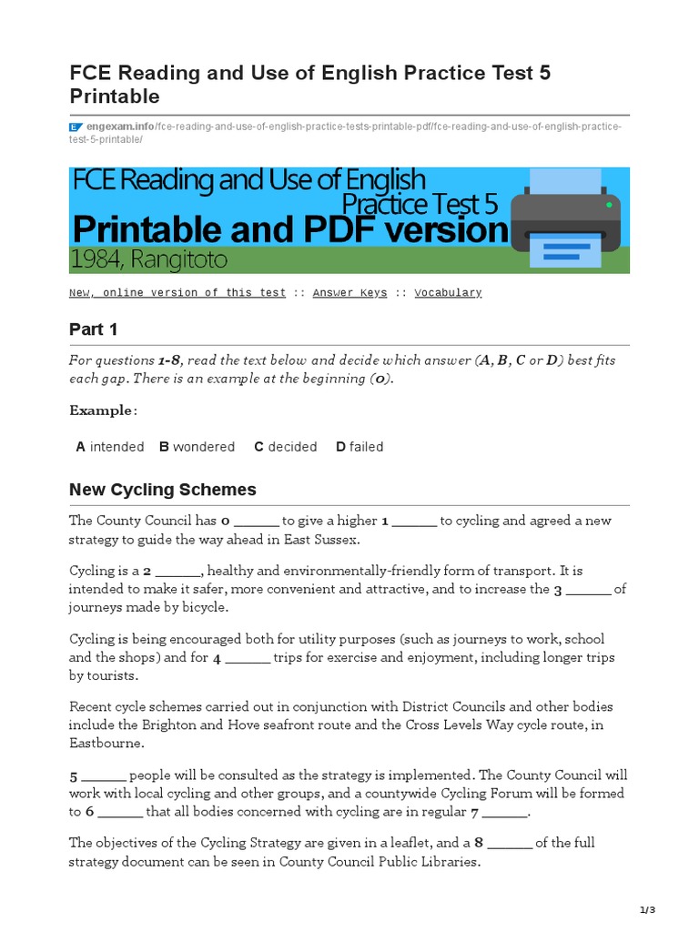 FCE Reading and Use of English Practice Test 5 - 1st Part | PDF
