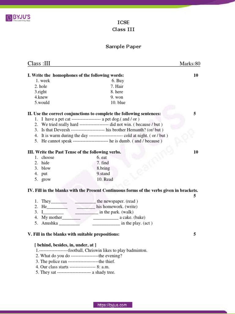 ICSE Class 3 English Language Sample Paper | PDF | Syntactic ...
