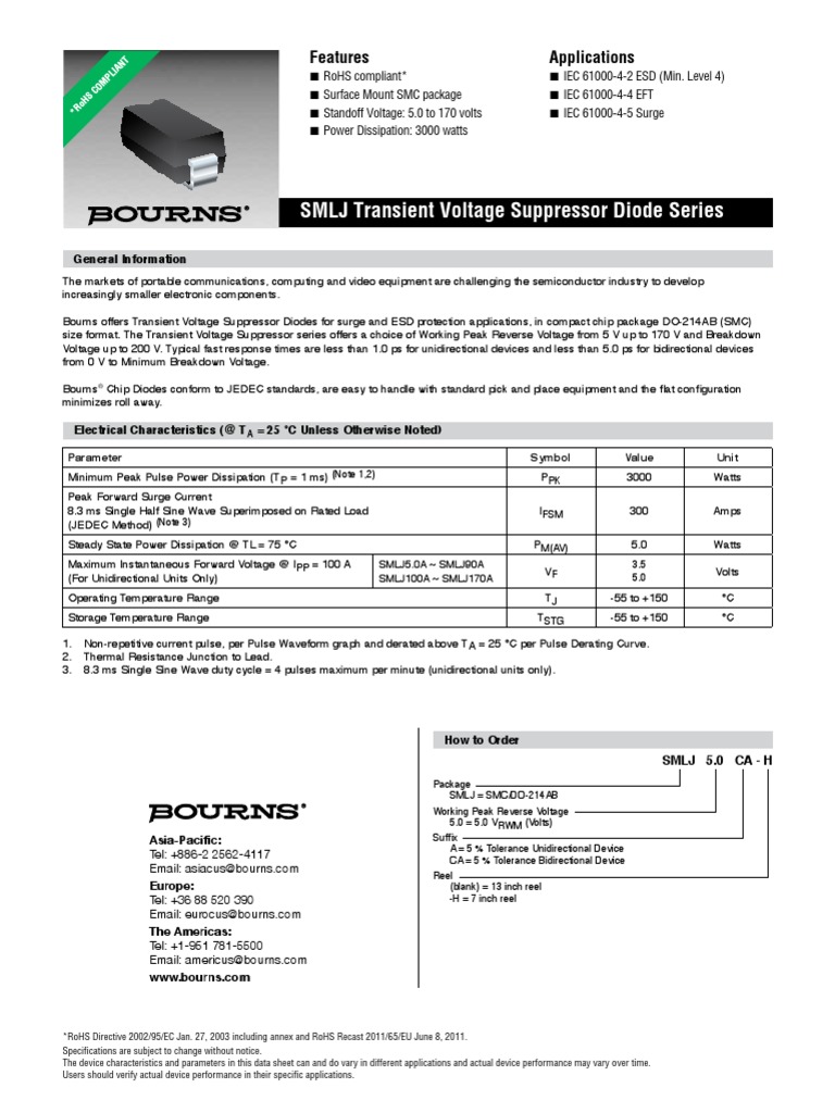 SMLJ Transient Voltage Suppressor Diode Series: Features Applications | PDF | Diode ...