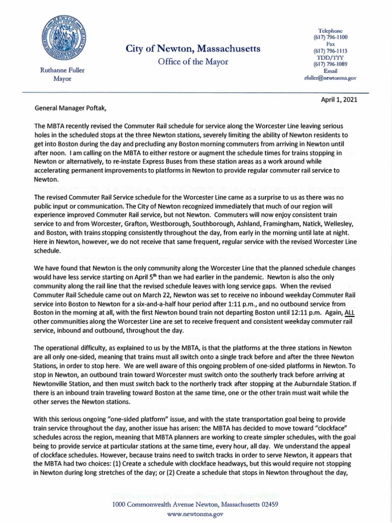 City of Newton Commuter Rail Letter | PDF | Sustainable Transport ...