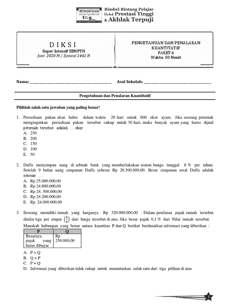 Soal DIKSI SI SBMPTN - PPK - Paket 6 (Layout) TA19-20 | PDF