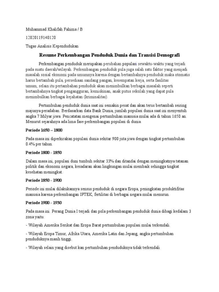 Resume Perkembangan Penduduk Dunia Dan Transisi Demografi: Periode 1650 ...