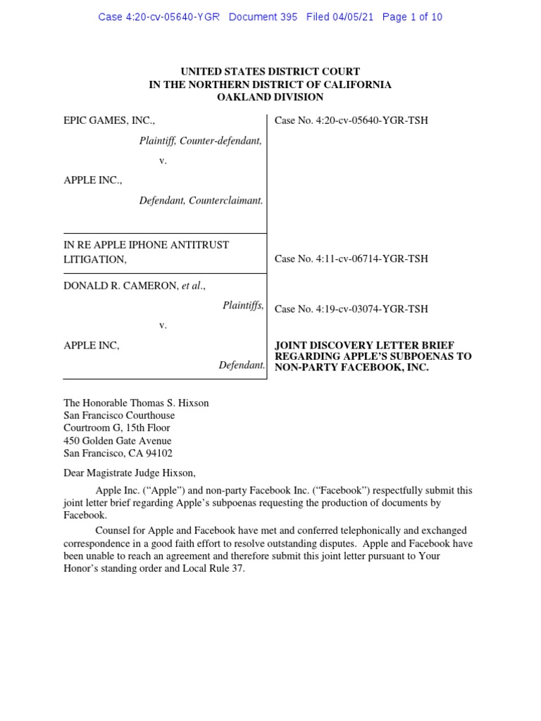 Apple Subpoenas Facebook for Discovery | PDF | Discovery (Law) | App ...