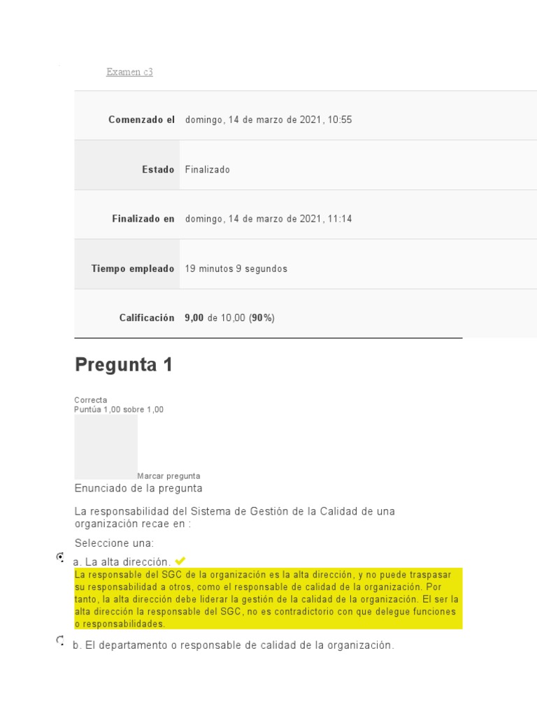Examen c3 - Gestión de La Calidad | PDF | Iso 9000 | Business