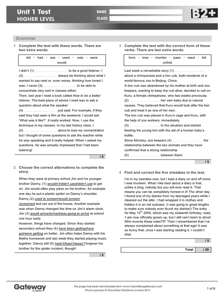 Gateway B2+ Unit 1 Test Overview | PDF | Dolphin