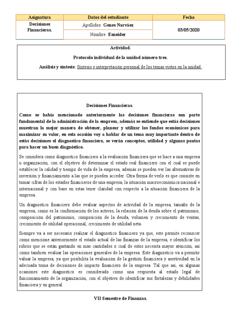 Protocolo Individual de Decisiones Financieras Unidad #3 | PDF | Rentabilidad sobre recursos ...
