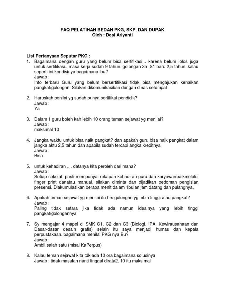 Faq Pelatihan Bedah PKG, SKP, Dan Dupak Oleh: Desi Ariyanti | PDF