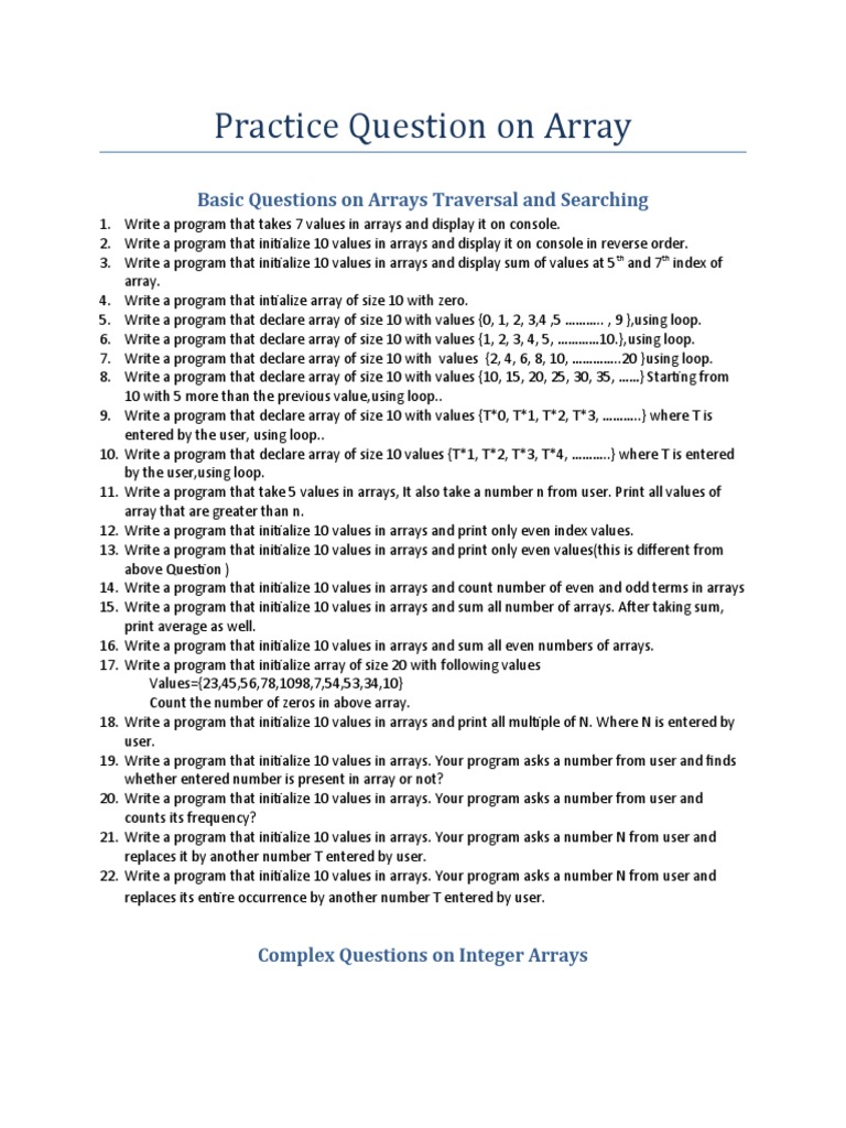 Practice Question On Array Basic Questions On Arrays Traversal And Searching Download Free