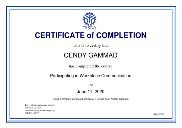 Participating in Workplace Communication - Certificate of Completion | PDF