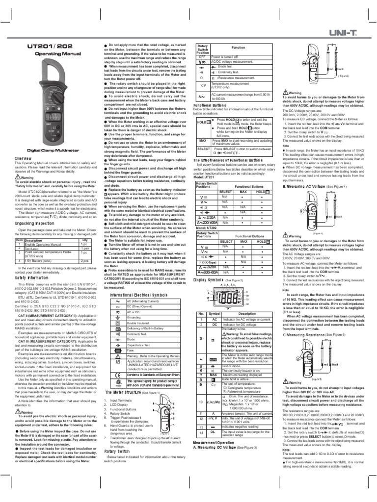 UT201,202 - Manual (Inglés) DIGITAL MULTIMETER CLAMP | PDF | Switch | Diode