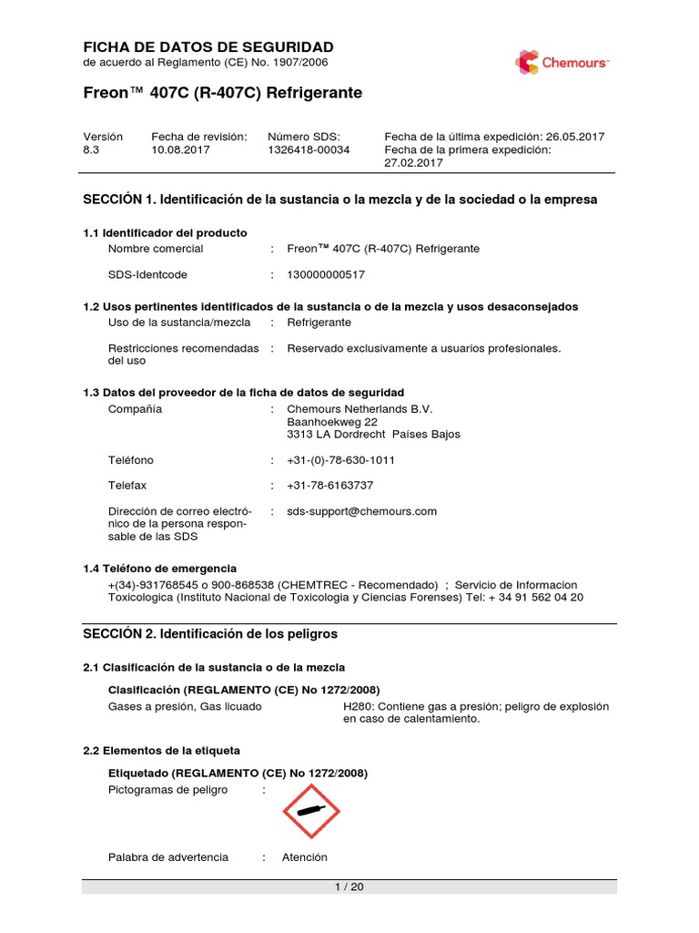 MSDS Suva R407C | PDF | Agua | Química
