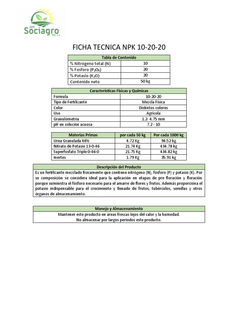 Ficha Tecnica NPK 102020 | PDF | Fertilizante | Sustancias químicas