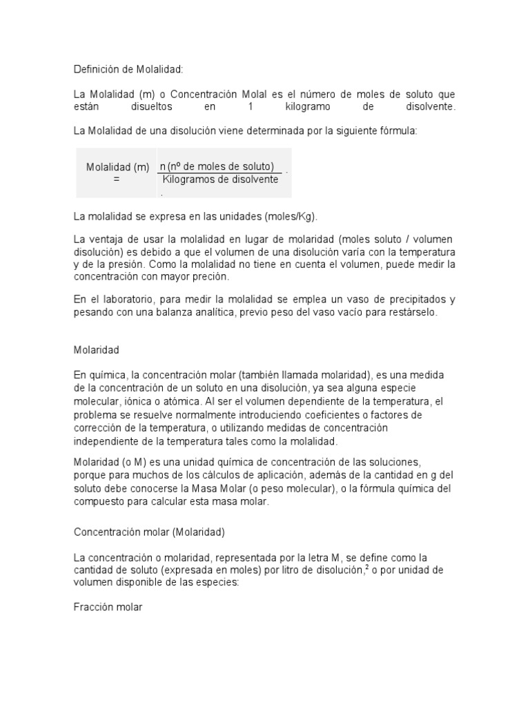 Definición de Molalidad | PDF | Concentración molar | Concentración