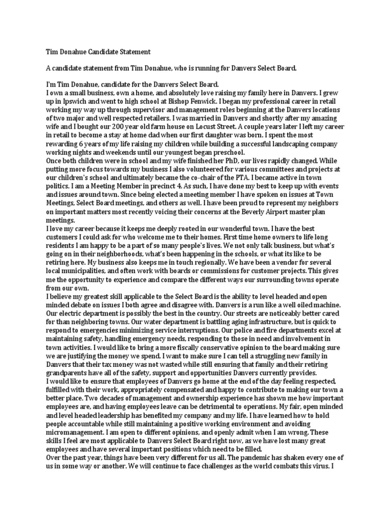 Tim Donahue Candidate Statement | PDF
