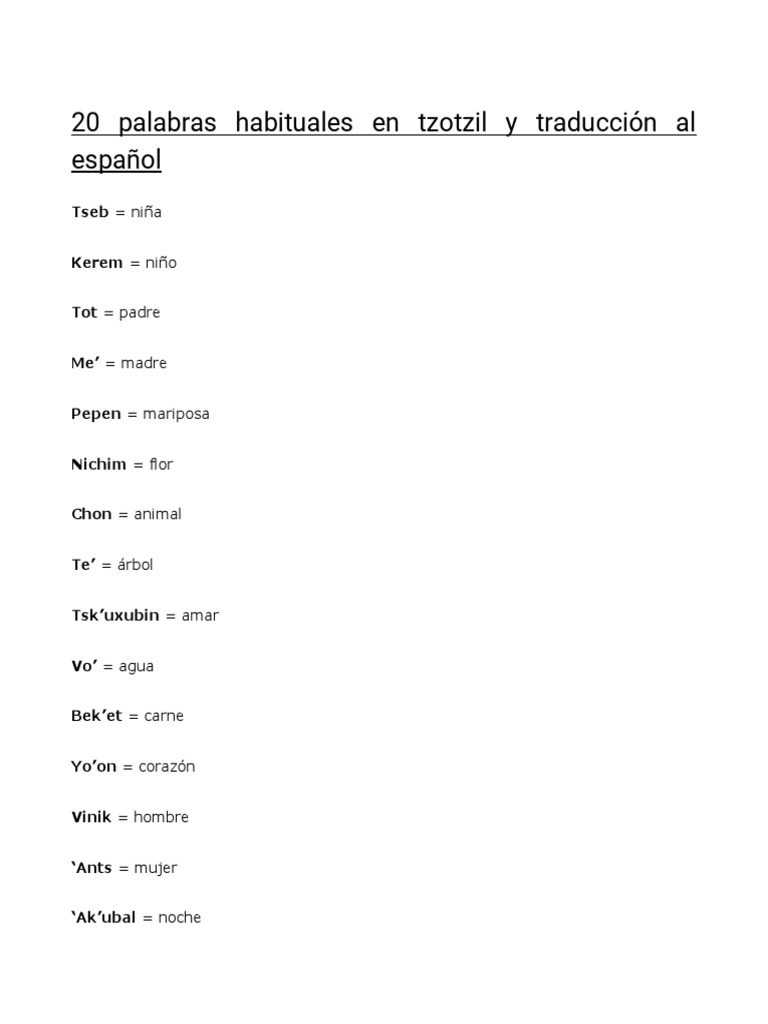 20 Palabras Habituales en Tzotzil y Traducción Al Español | PDF