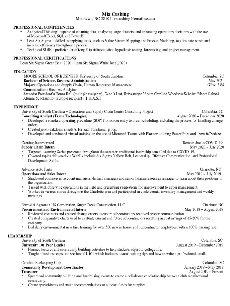 Mia Cushing Resume | PDF | Six Sigma | Business