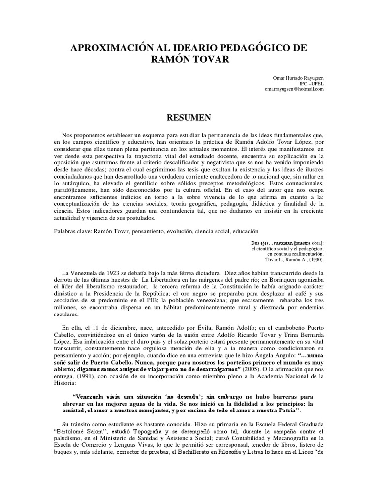 Hurtado, O - Aproximacion Al Ideario Pedagogico de Ramon Tovar | PDF ...