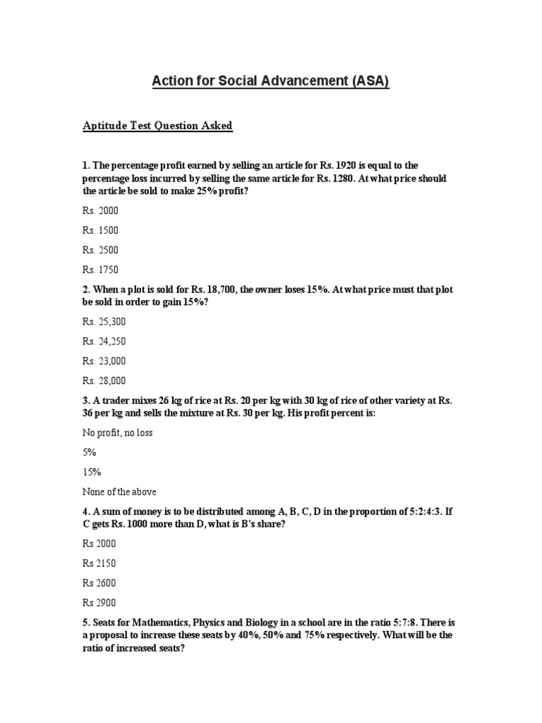 Action For Social Advancement (ASA) Aptitude Test | PDF | Percentage ...
