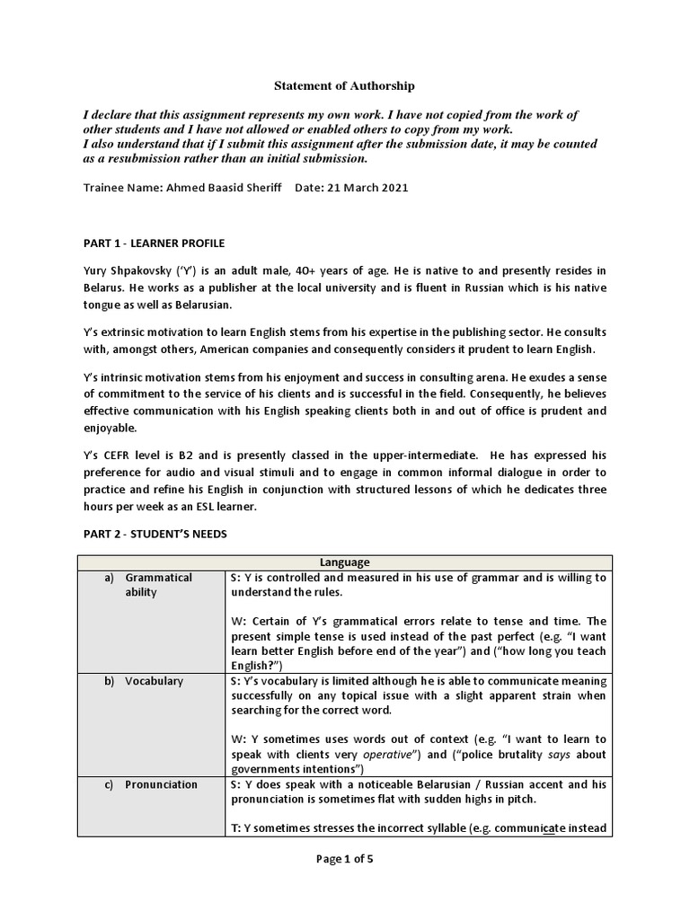CELTA Assignment 1 - FOCUS ON THE LEARNER | PDF | Stress (Linguistics ...