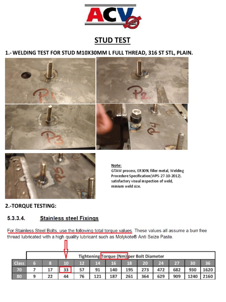 Stud Test: 1.-Welding Test For Stud M10X30Mm L Full Thread, 316 ST STL ...