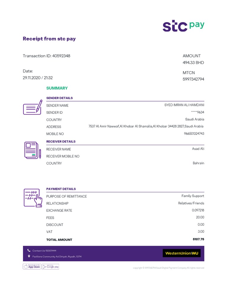 Receipt From STC Pay: Transaction ID: 40592348 Amount 494.33 BHD MTCN ...