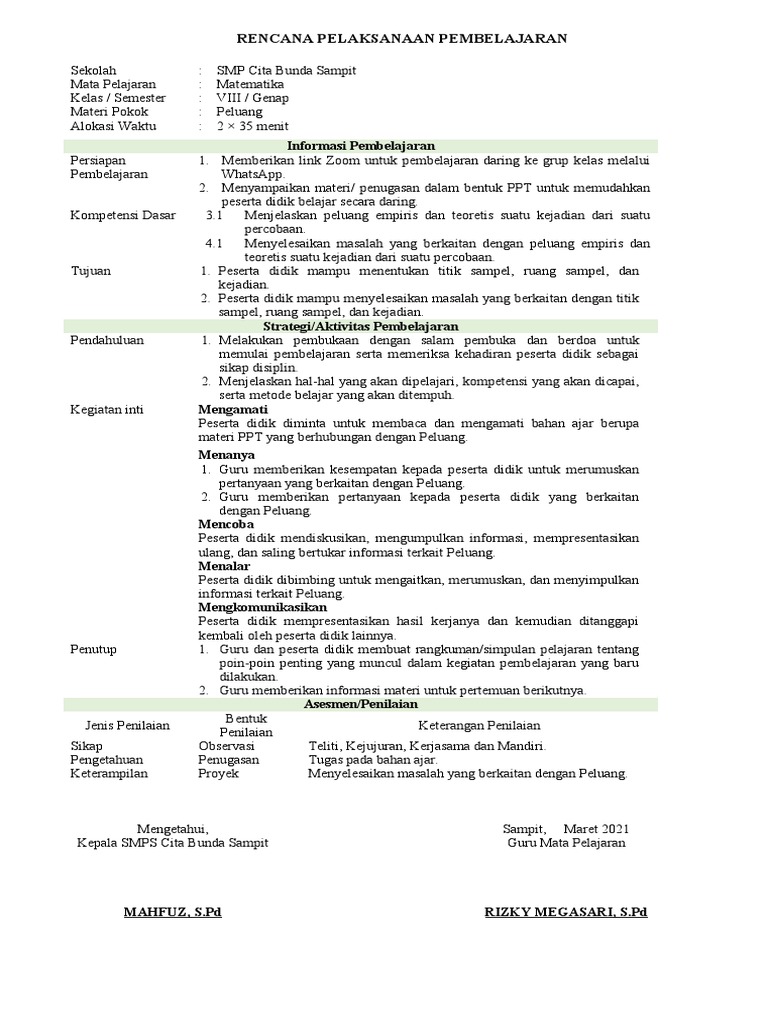 RPP Titik Sampel, Ruang Sampel, Dan Kejadian | PDF