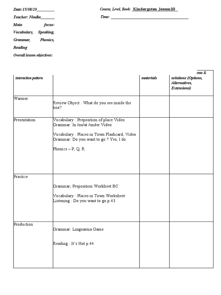 Kindergarten Lesson Plan: Vocabulary & Grammar | PDF