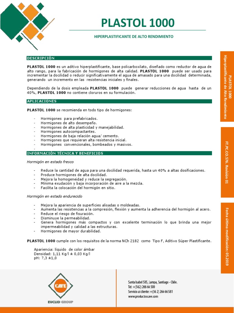 Ficha Tecnica 2019 Plastol 1000 | PDF | Hormigón | Ingeniería de ...