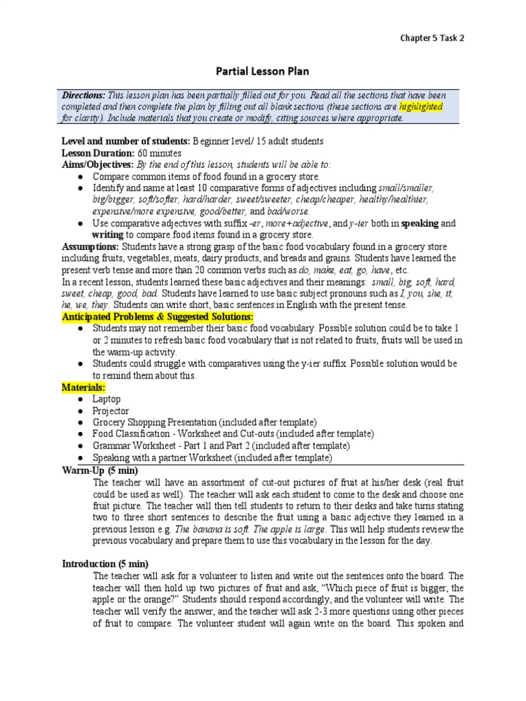 Ch.5.Task.2. Partially Complete Lesson Plan | PDF | Foods | Verb