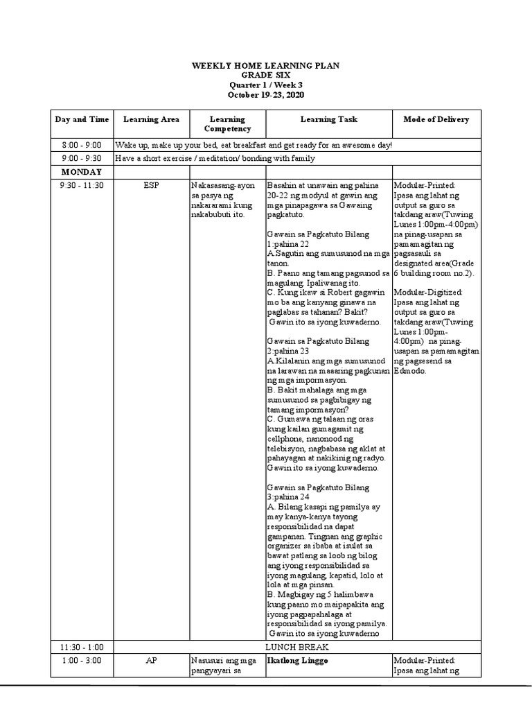 Grade 6 Weekly Home Learning Plan Q1 W3 | PDF