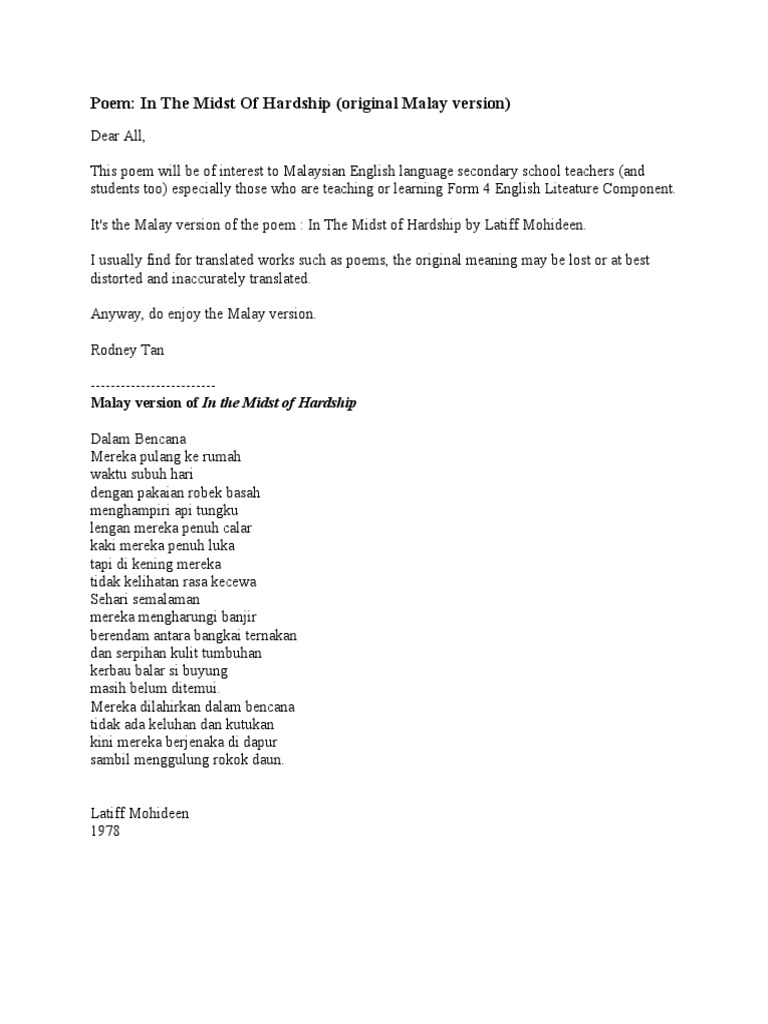 Malay Poem: In The Midst Of Hardship | PDF | Language Arts & Discipline