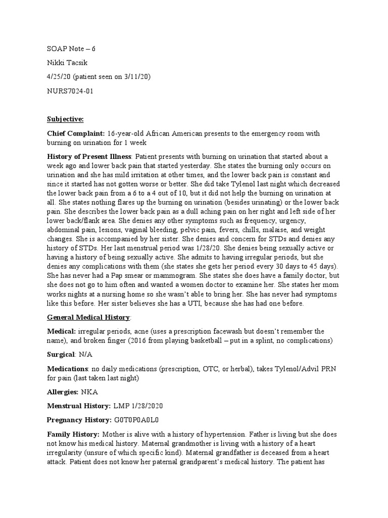 Soap Note - 6 | PDF | Urinary Tract Infection | Vagina