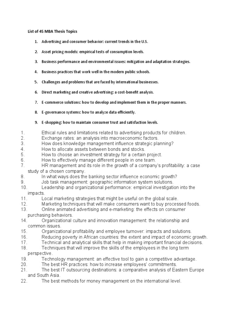 List of 45 MBA Thesis Topics | PDF | Strategic Management | Marketing