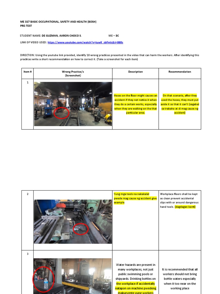 Me 317 Basic Occupational, Safety and Health (Bosh) Pre-Test | PDF ...