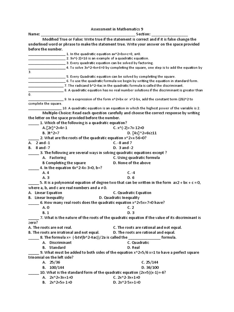 Assessment in Mathematics 9 | PDF | Quadratic Equation | Numerical Analysis