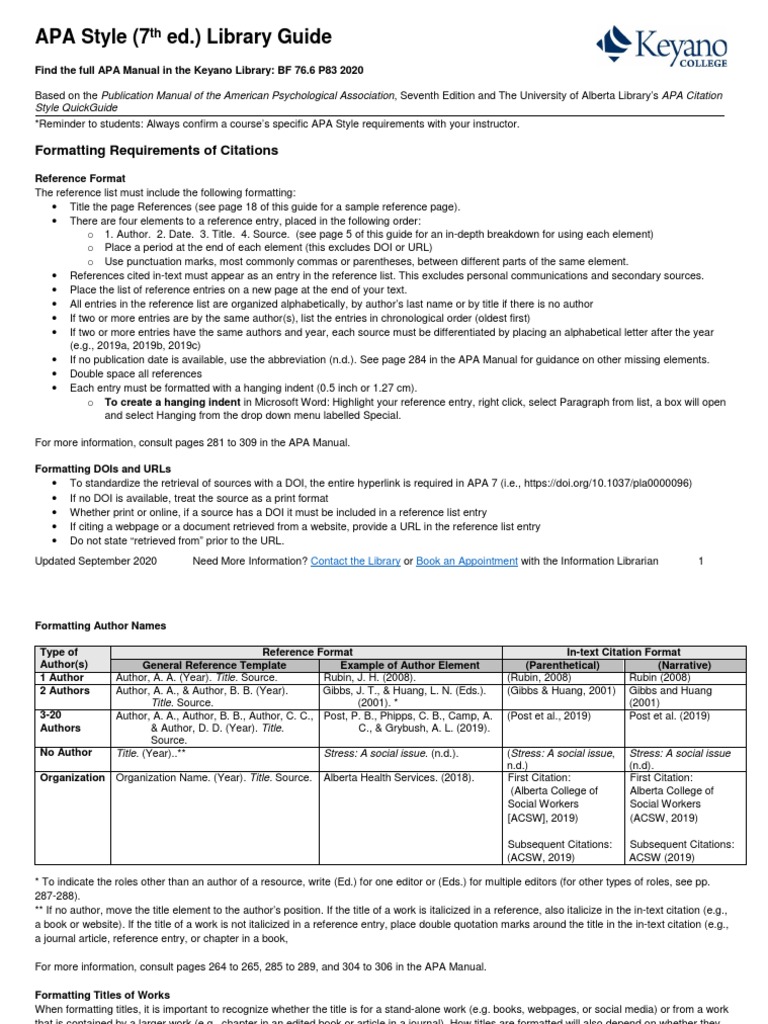 APA 7 Style Keyano Library Guide - Updated September 14, 2020 | PDF ...