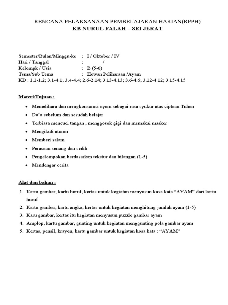 RPPH Tema Ayam untuk Anak Usia 5-6 Tahun | PDF