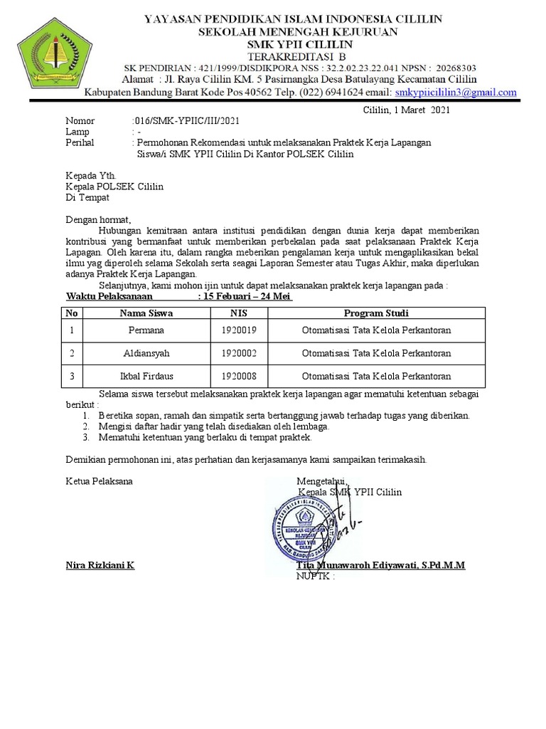 Surat Rekomendasi PKL | PDF
