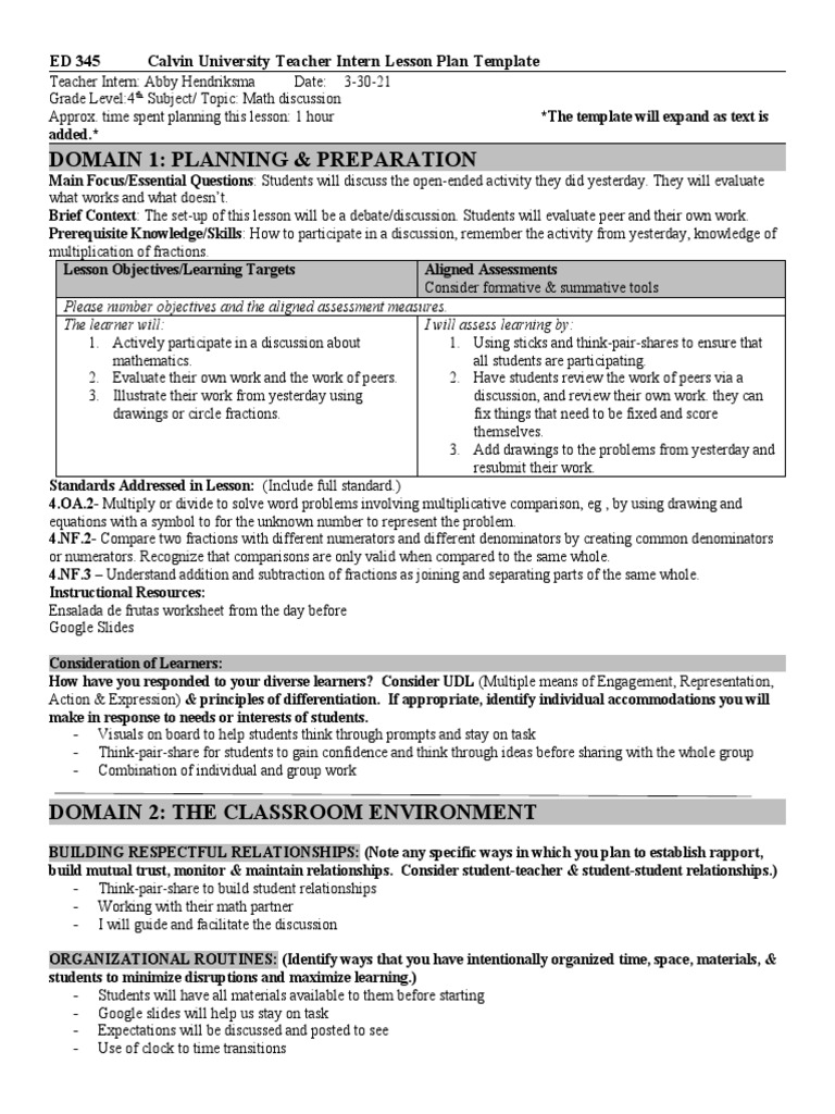 Domain 1: Planning & Preparation: ED 345 Calvin University Teacher ...