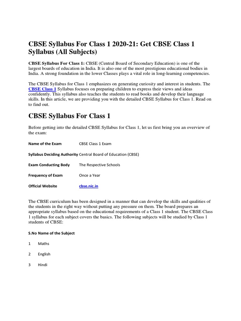 CBSE Class 1 Syllabus | PDF | Physical Education | Shape