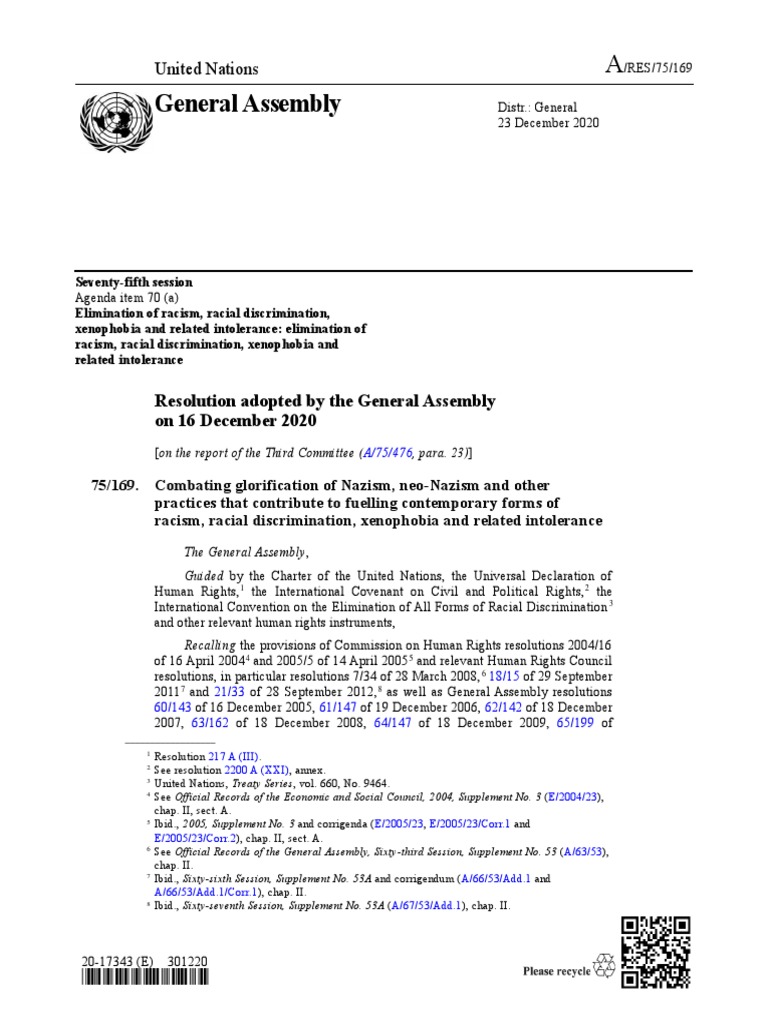 Resolution Adopted by The General Assembly On 16 December 2020 | PDF ...