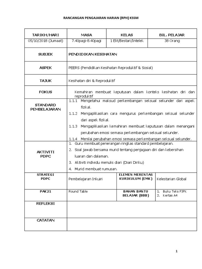 Rancangan Pengajaran Harian (RPH) KSSM: Strategi PDPC Elemen Merentas ...