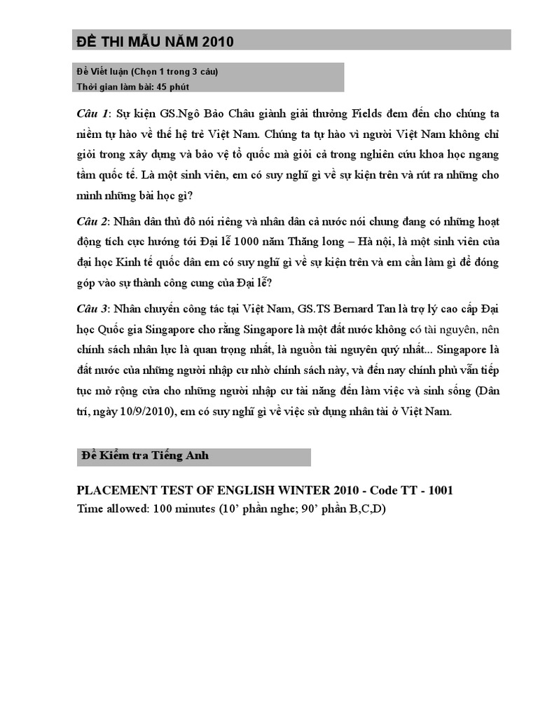 De Thi Mau TT CLC 2010 | PDF