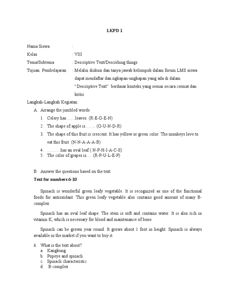 LKPD Descriptive Text Kelas 8 SMP | PDF | Spinach | Diet & Nutrition